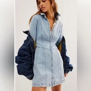 Free People | Dresses | Free People Thea Blue Denim Long Bell Sleeve ...